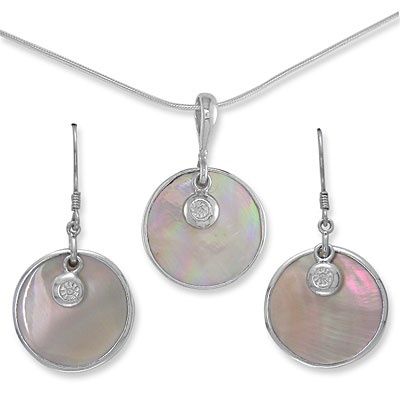Sterling Silver and Pink Mother of Pearl Earrings and Pendant Set ...